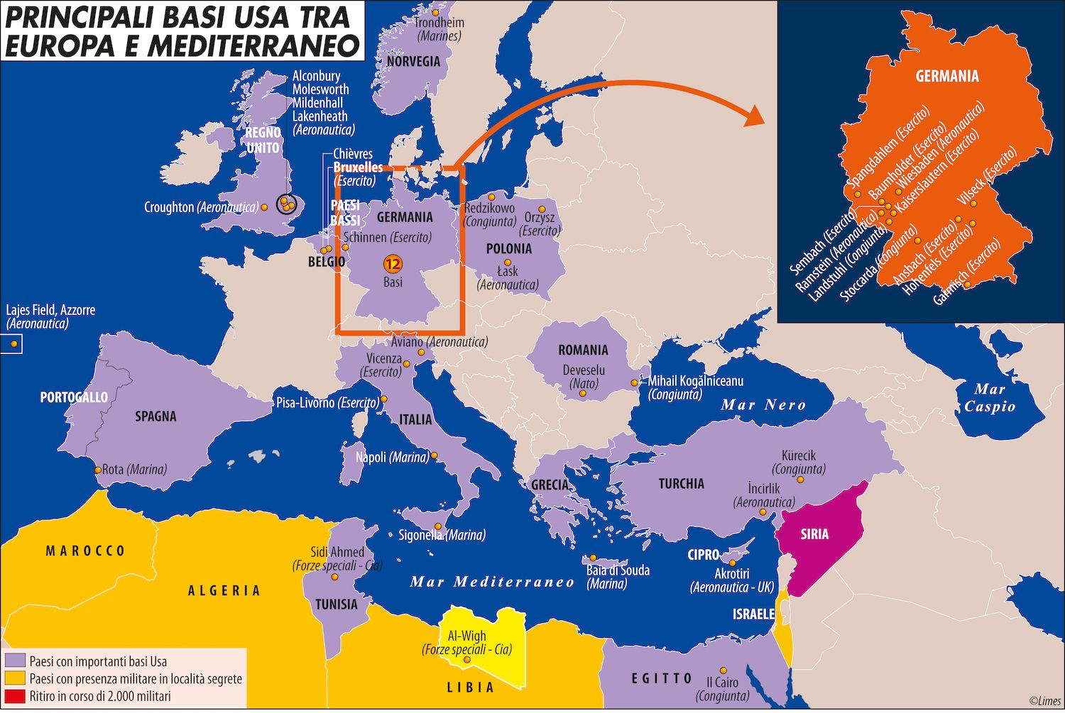 Le principali basi militari Usa in Europa e nel Mediterraneo - Limes