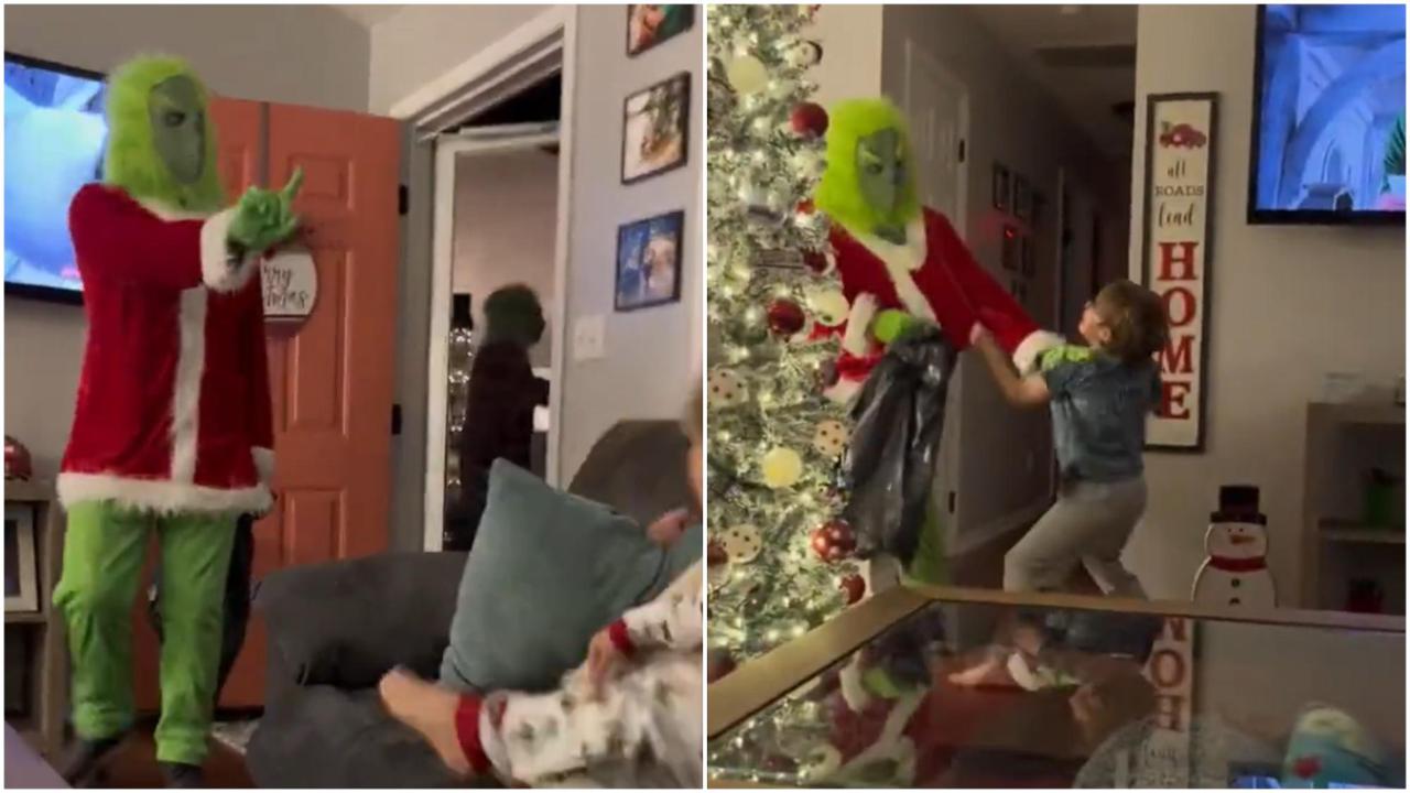 Il papà si traveste da Grinch e finge di rubare i regali ai bambini: lo ...
